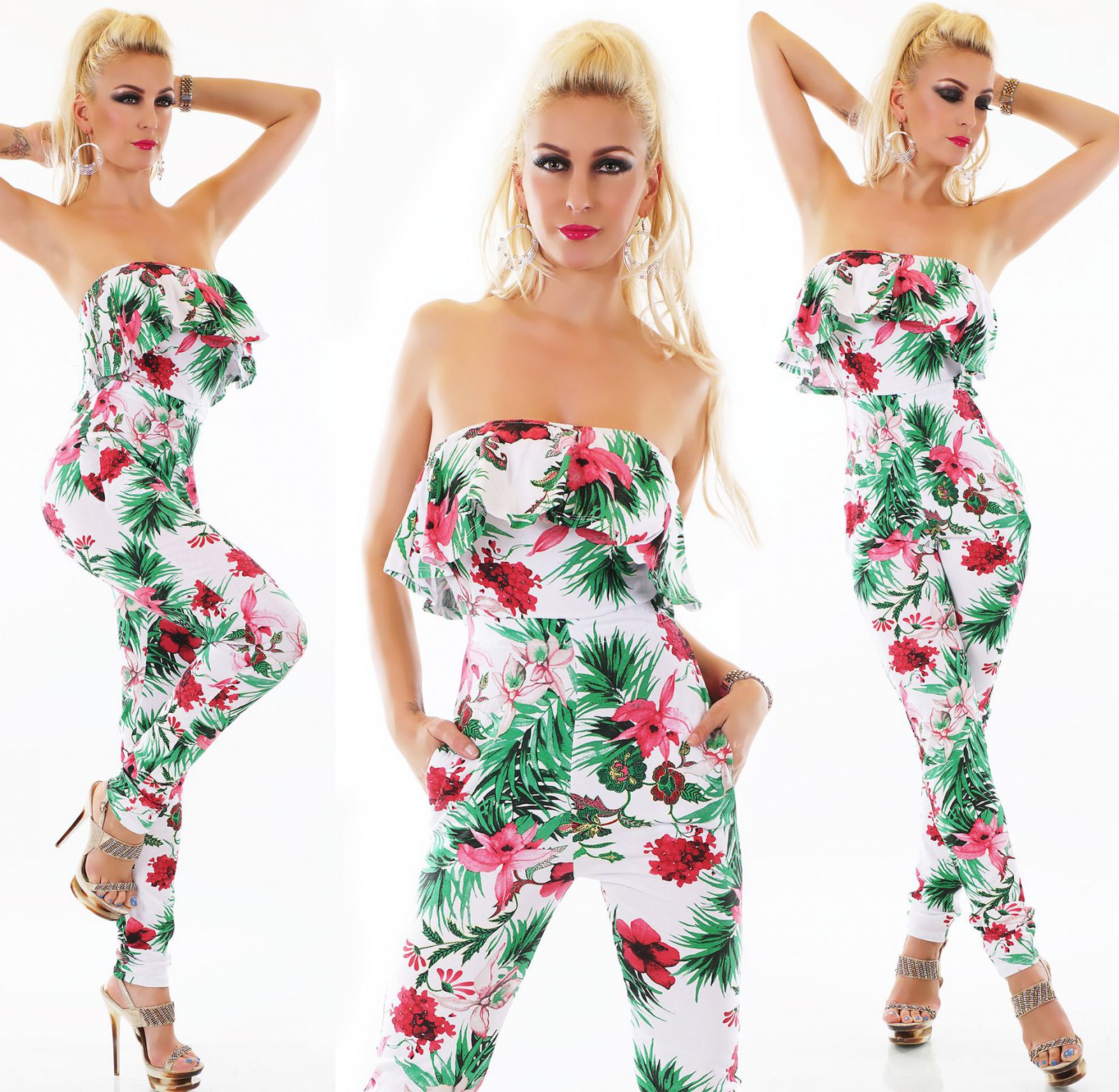 Damen Bandeau Schulterfrei Overall Jumpsuit Hose Hosenanzug Hawaii