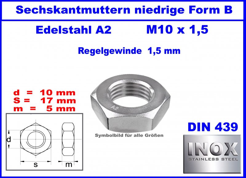 Muttern M10 x 1,5 Regelgewinde Edelstahl A2 - DIN439 - FM-M10x1,5 | eBay