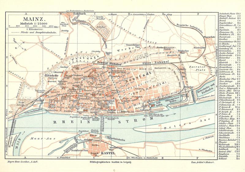 Historische, alte Stadtkarte 1896: Mainz. Stadtplan farbig (M5) | eBay