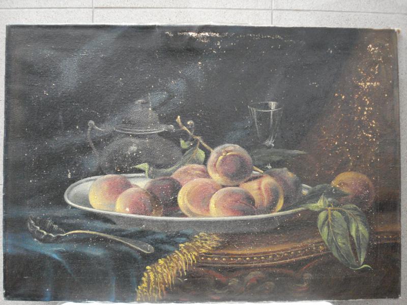 Stillleben mit Pfirsichen Zuckerdose Glas & Löffel - Ölbild um 1900 -tc437 | eBay